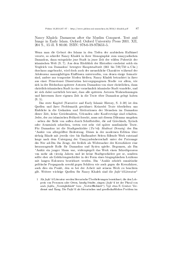 (PDF) Review of: N. Khalek, Damascus after the Muslim conquest. Text ...