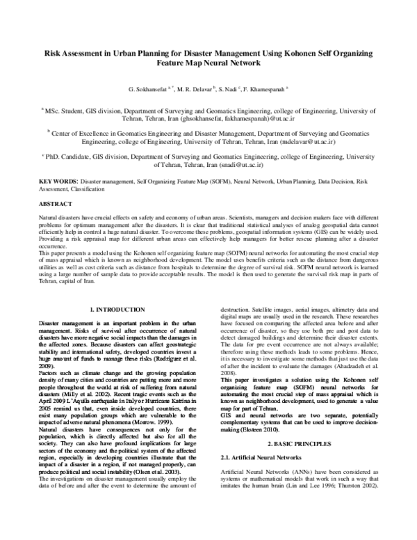 (PDF) Risk Assessment in Urban Planning for Disaster Management Using Kohonen Self Organizing ...
