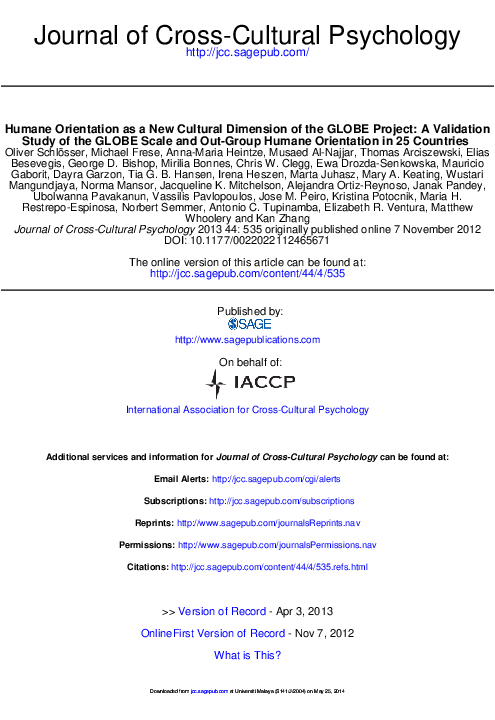 (PDF) Humane Orientation as a New Cultural Dimension of the GLOBE ...