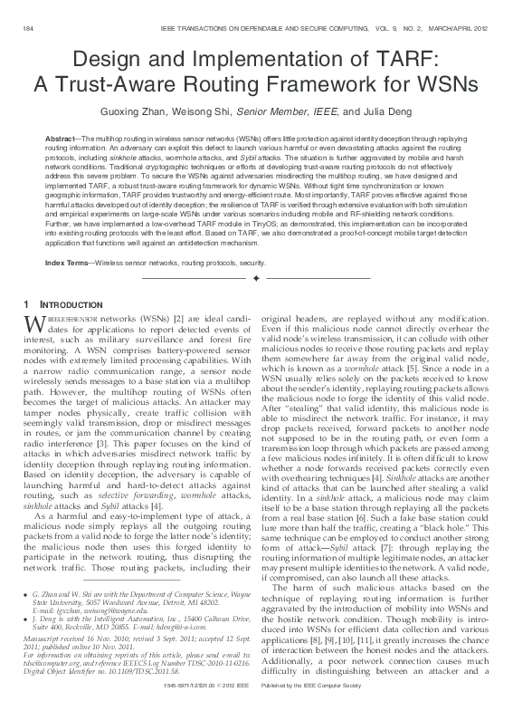 Pdf Design And Implementation Of Tarf A Trust Aware Routing Framework For Wsns