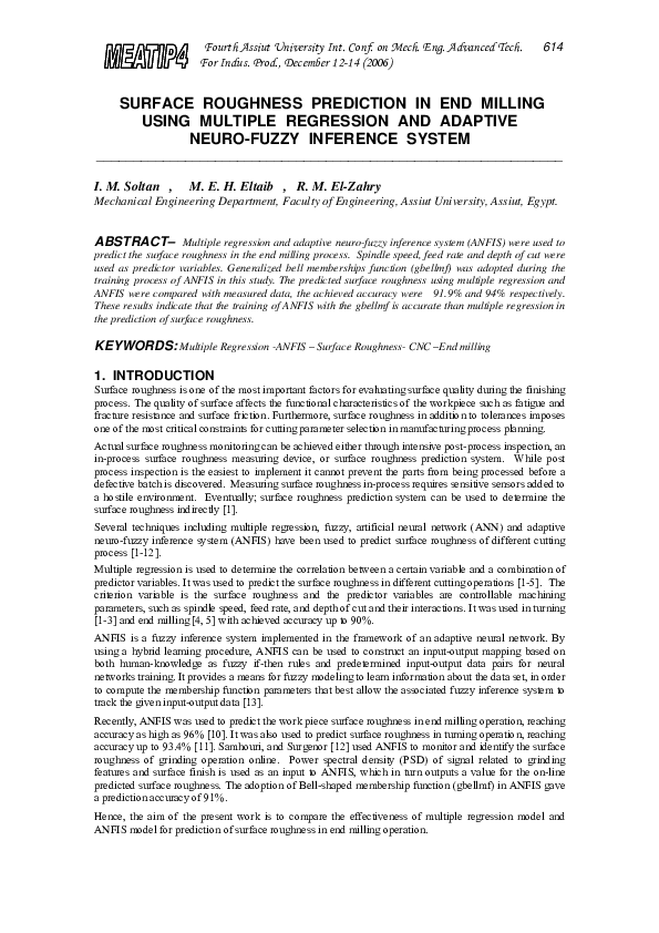 Pdf Surface Roughness Prediction In End Milling Using Multiple Regression And Adaptive Neuro