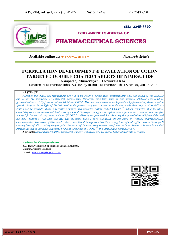 Formulation Development And Evaluation Of Colon Targeted Double Coated Tablets Of Nimesulide