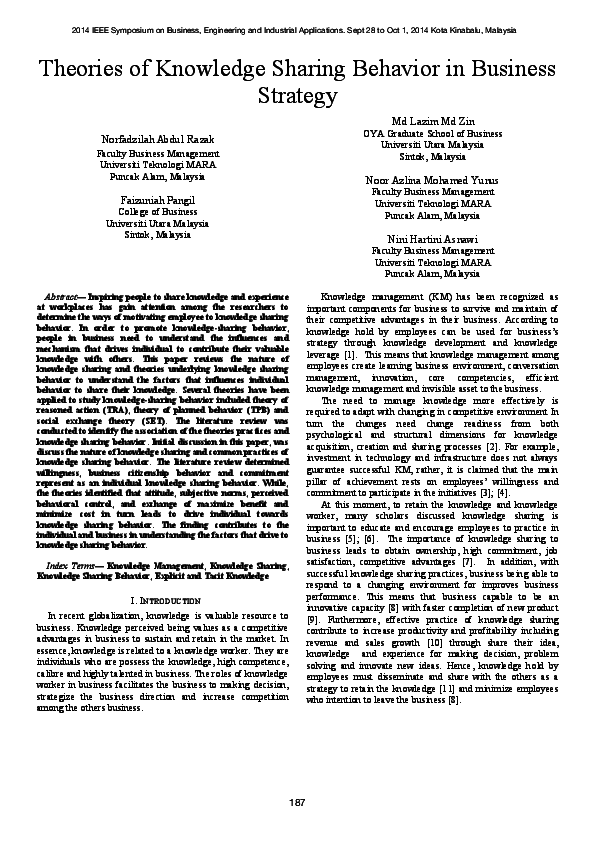 (PDF) Theories of Knowledge Sharing Behavior in Business Strategy