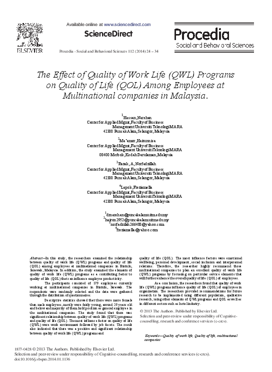 (PDF) The Effect of Quality of Work Life (QWL) Programs