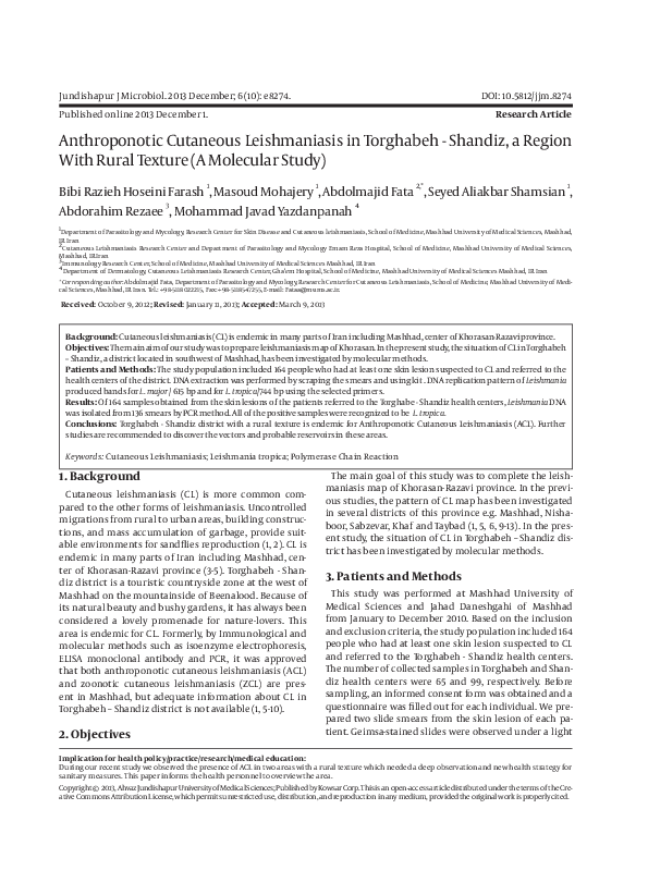 (PDF) Anthroponotic Cutaneous Leishmaniasis in Torghabeh - Shandiz, a ...