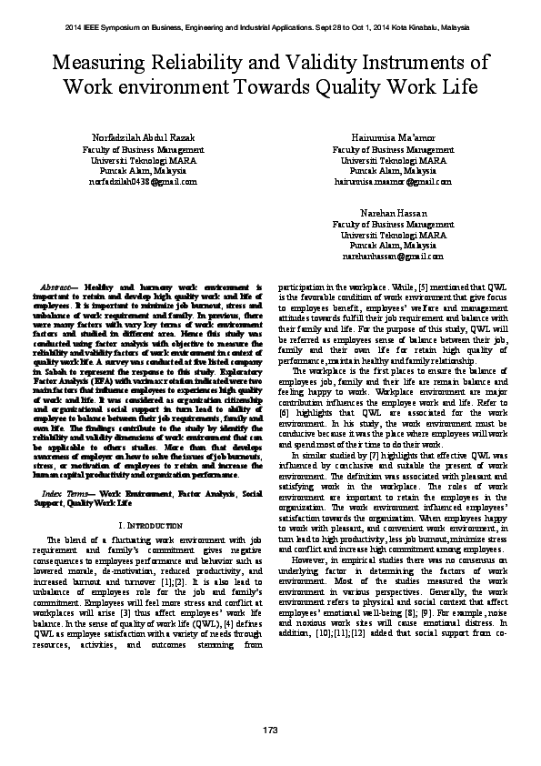 Pdf Measuring Reliability And Validity Instruments Of Work Environment Towards Quality Work Life