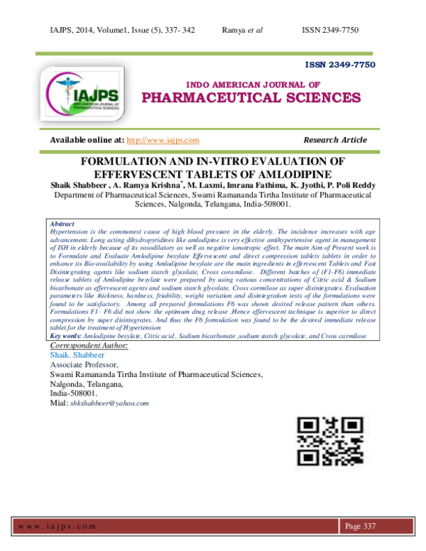 Formulation And In Vitro Evaluation Of Effervescent Tablets Of Amlodipine