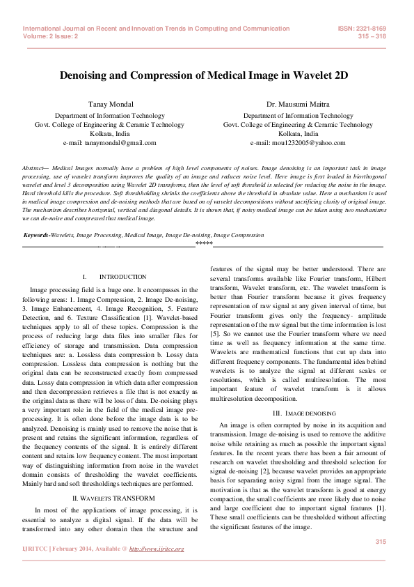(PDF) Denoising and Compression of Medical Image in Wavelet 2D