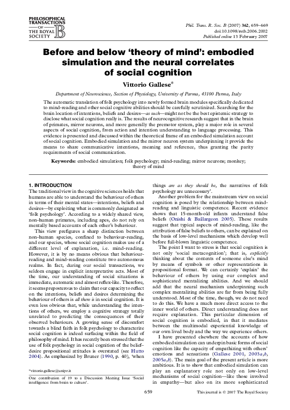 (PDF) Before and below 'theory of mind': embodied simulation and the ...