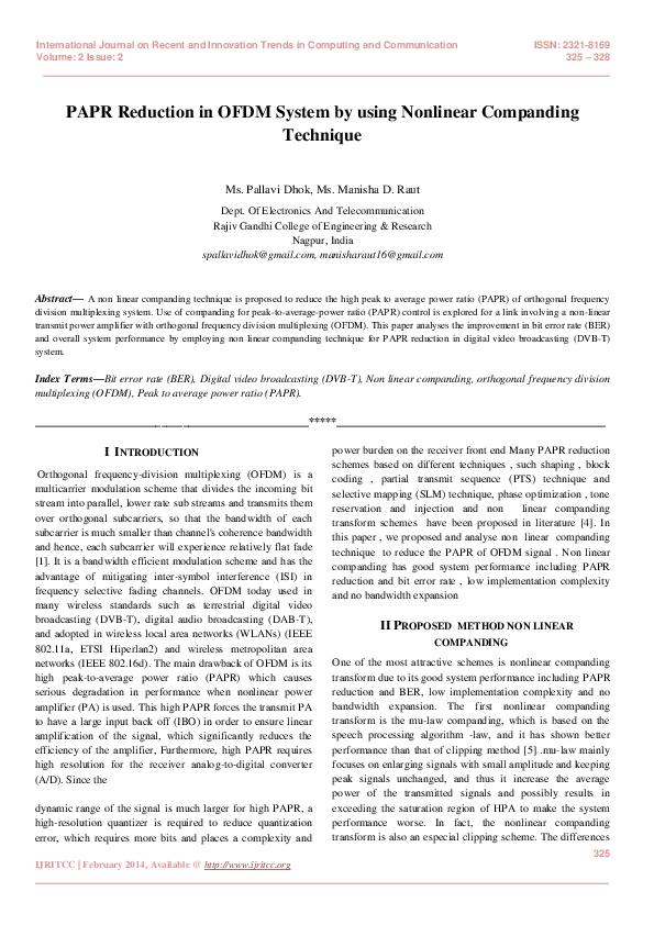 Pdf Papr Reduction In Ofdm System By Using Nonlinear Companding Technique
