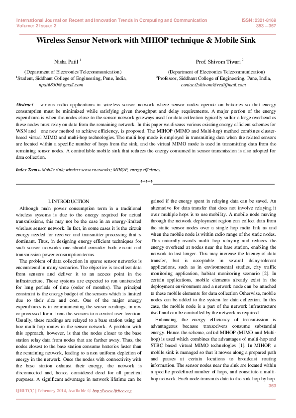 (PDF) Wireless Sensor Network with MIHOP technique & Mobile Sink