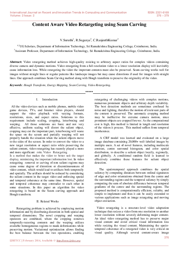 (PDF) Content Aware Video Retargeting using Seam Carving