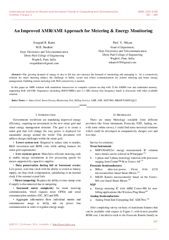 (PDF) An Improved AMR AMI Approach for Metering & Energy Monitoring
