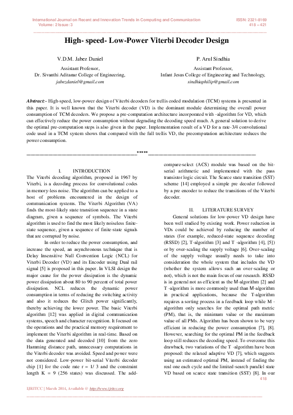 Pdf High Speed Low Power Viterbi Decoder Design