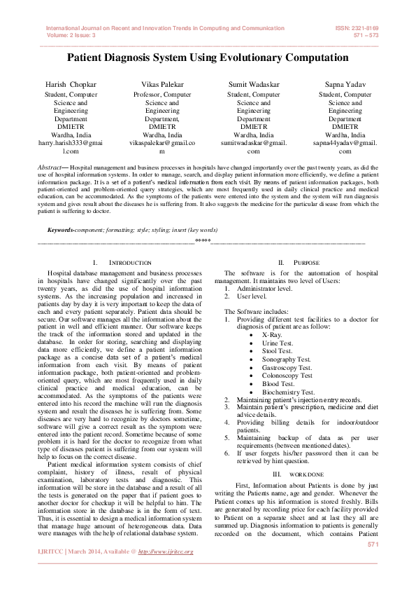 Pdf Patient Diagnosis System Using Evolutionary Computation