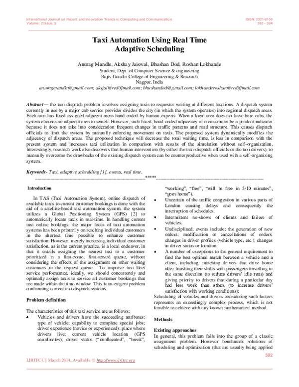 (PDF) Taxi Automation Using Real Time Adaptive Scheduling