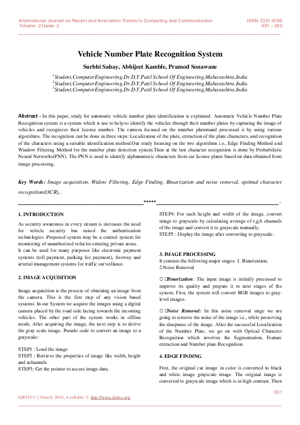 Pdf Vehicle Number Plate Recognition System
