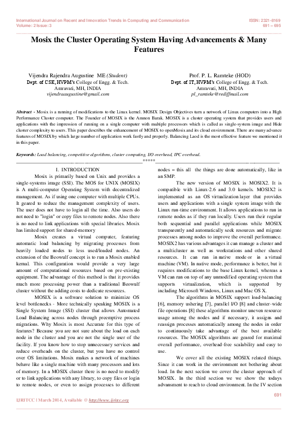 Pdf Mosix The Cluster Operating System Having Advancements And Many