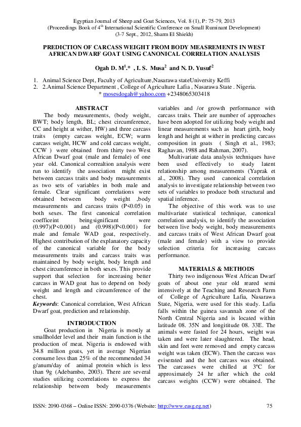 Pdf Prediction Of Carcass Weight From Body Measrements In West African Dwarf Goat Using 