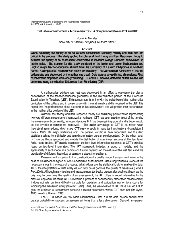 (PDF) Evaluation of Mathematics Achievement Test: A Comparison between ...