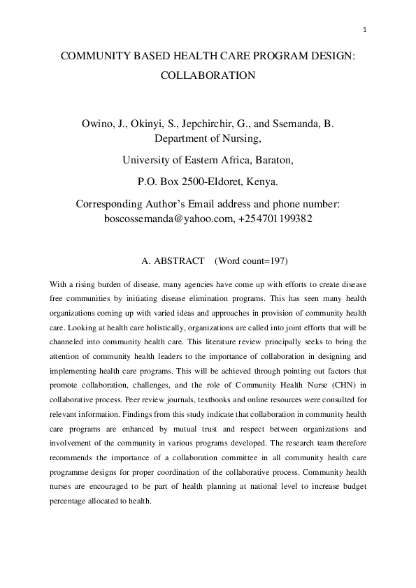 (DOC) COMMUNITY BASED HEALTH CARE PROGRAM DESIGN: COLLABORATION