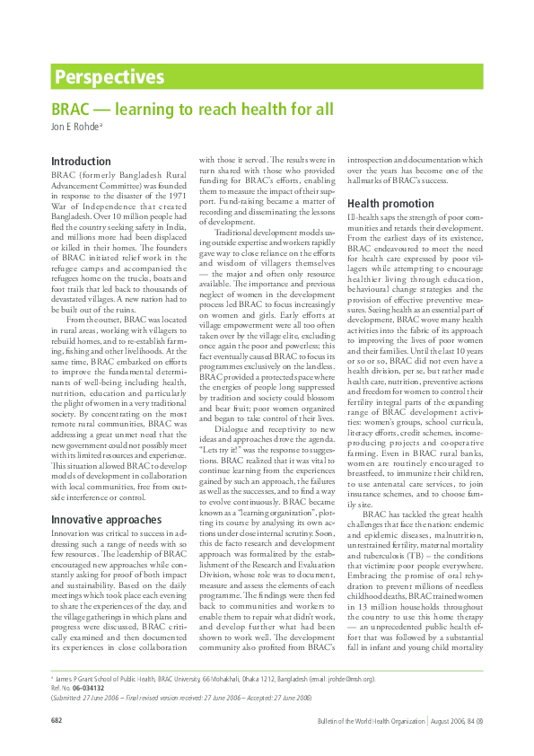 (PDF) BRAC - learning to reach health for all | Jon Rohde - Academia.edu