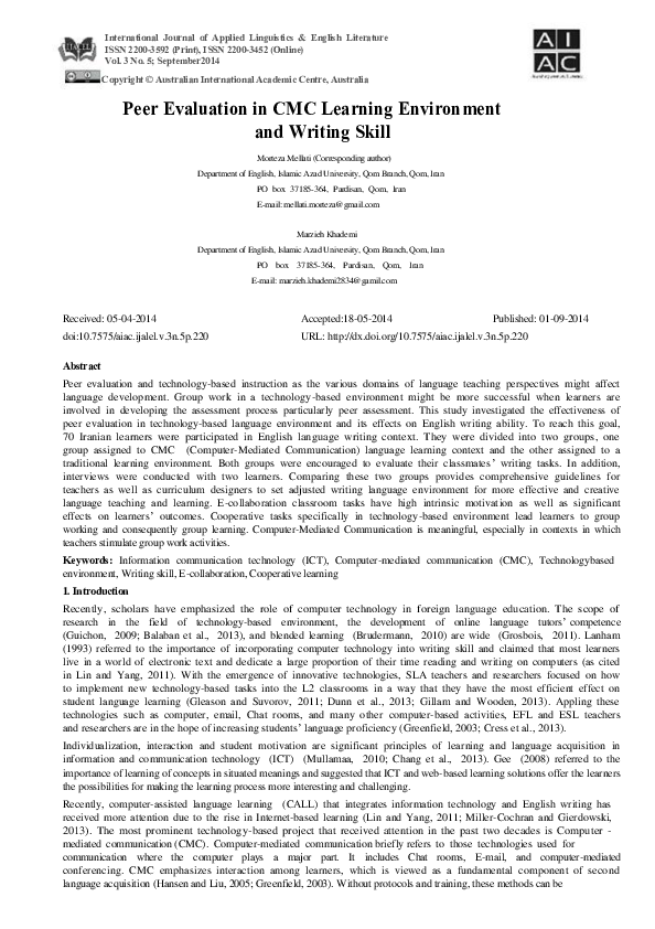 (PDF) Peer Evaluation in CMC Learning Environment and Writing Skill