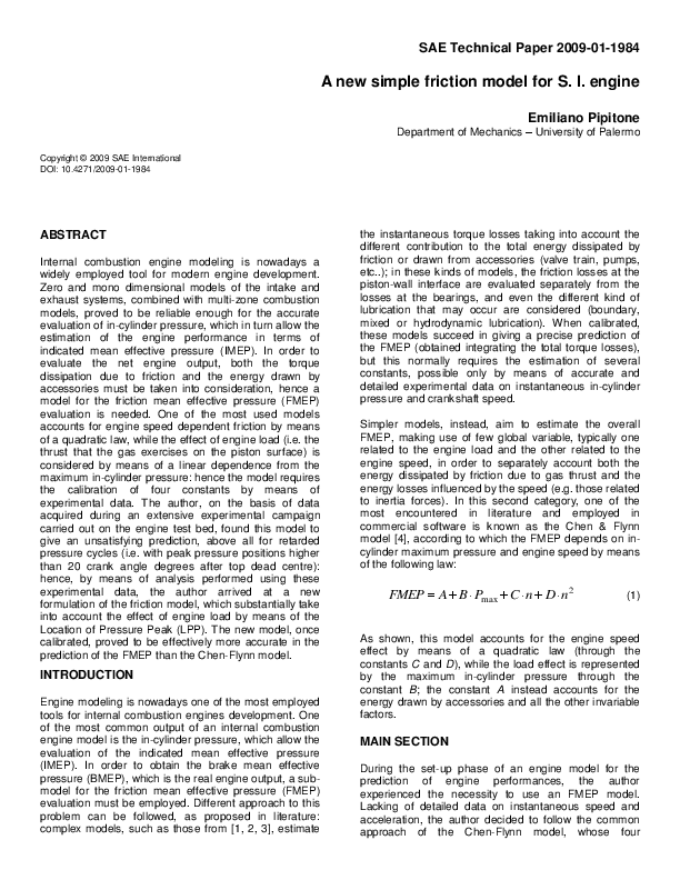(PDF) A new simple friction model for S. I. engine