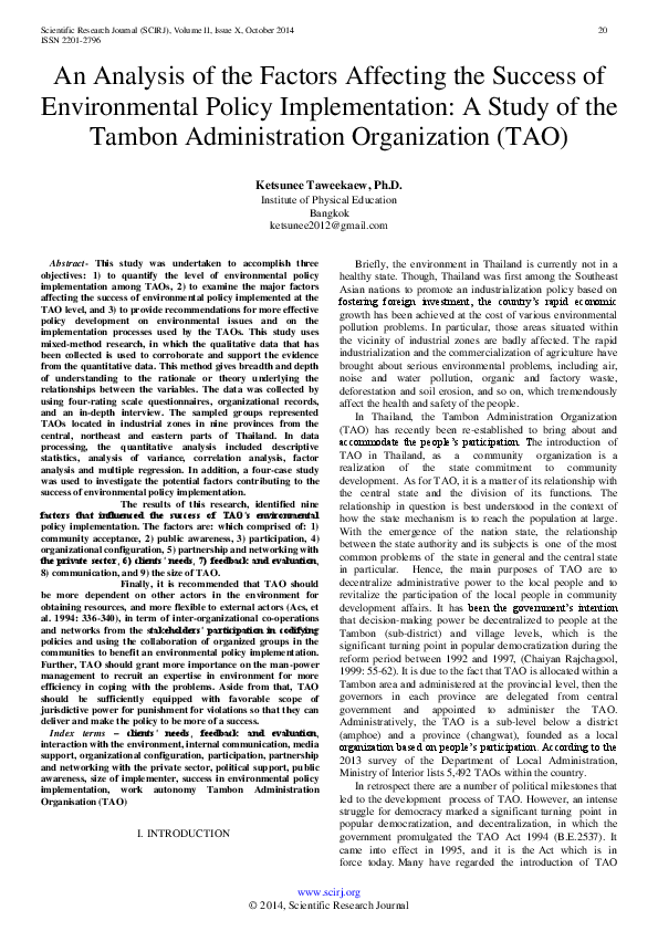 (PDF) An Analysis of the Factors Affecting the Success of Environmental Policy Implementation: A ...