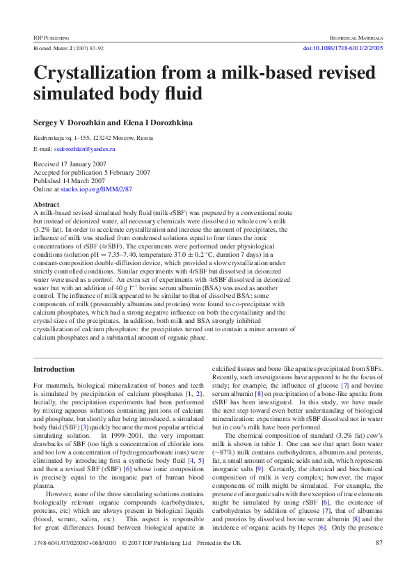 (PDF) Crystallization from a milk-based revised simulated body fluid