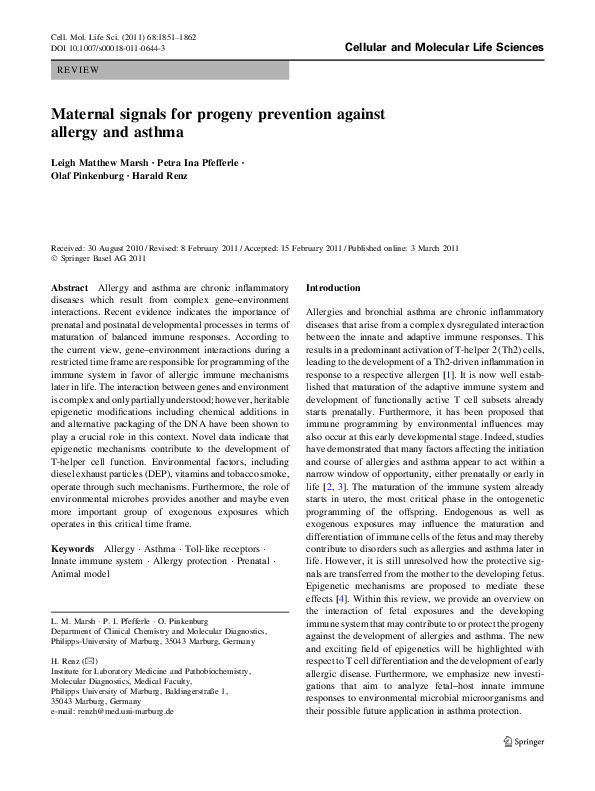 (PDF) Maternal signals for progeny prevention against allergy and asthma