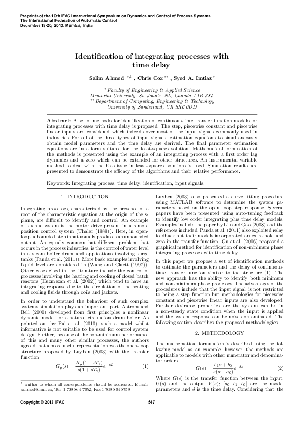 (PDF) Identification of integrating processes with time delay