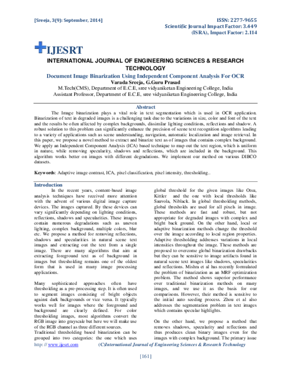 Pdf Document Image Binarization Using Independent Component Analysis For Ocr