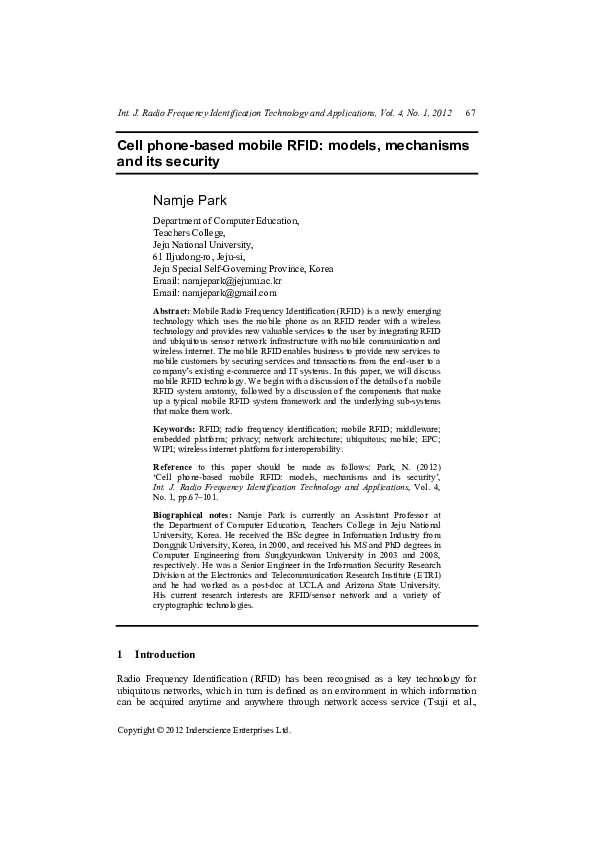 Cell phone based mobile RFID: models, mechanisms and its security