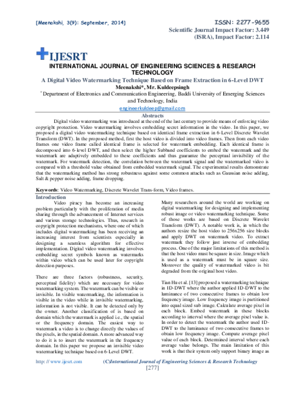 Pdf A Digital Video Watermarking Technique Based On Frame Extraction In 6 Level Dwt