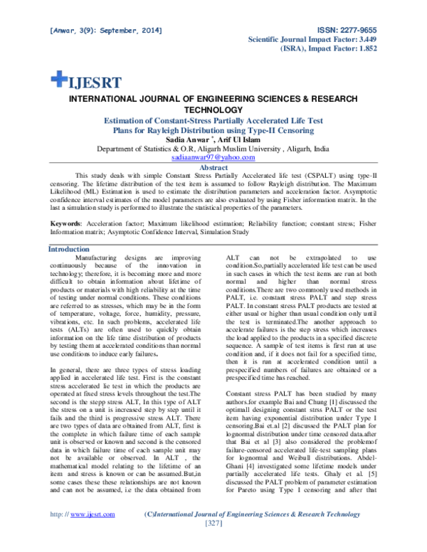 Pdf Estimation Of Constant Stress Partially Accelerated Life Test Plans For Rayleigh