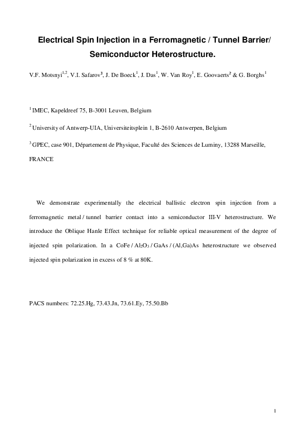 (PDF) Electrical Spin Injection in a Ferromagnetic / Tunnel Barrier ...