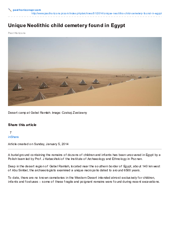 (PDF) Unique Neolithic child cemetery found in Egypt