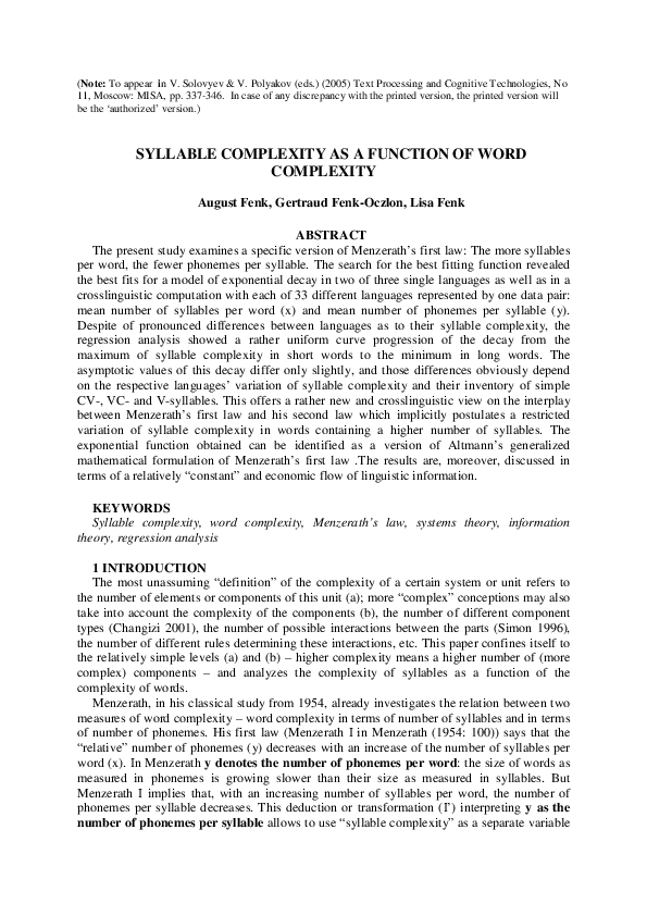 (PDF) SYLLABLE COMPLEXITY AS A FUNCTION OF WORD COMPLEXITY
