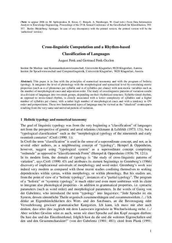 Pdf Crosslinguistic Computation And A Rhythm Based Classification Of Languages