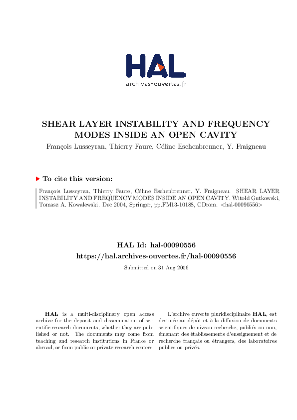 (PDF) SHEAR LAYER INSTABILITY AND FREQUENCY MODES INSIDE AN OPEN CAVITY