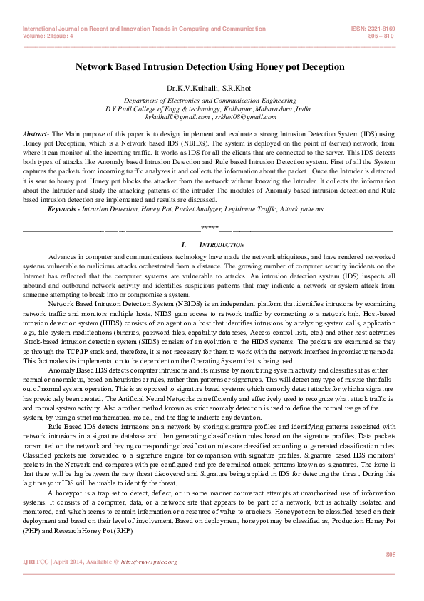 (PDF) Network Based Intrusion Detection Using Honey pot Deception