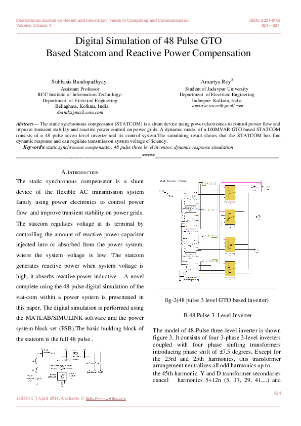 Pdf Digital Simulation Of 48 Pulse Gto Based Statcom And Reactive Power Compensation