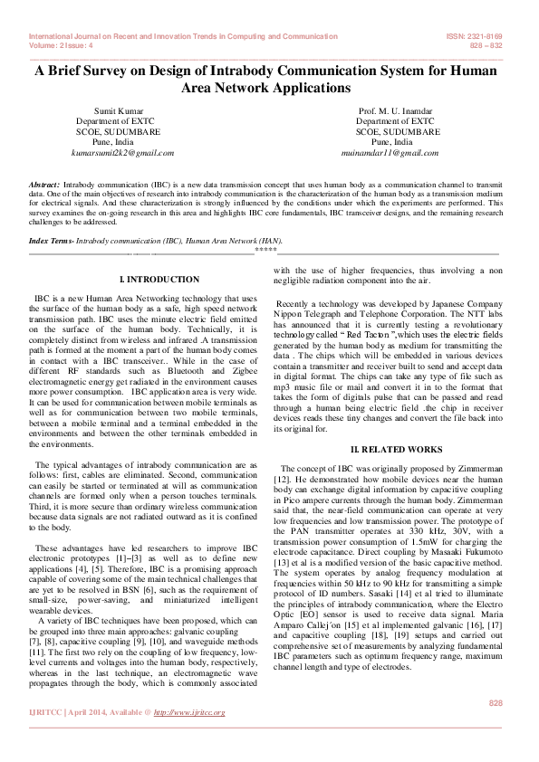 (PDF) A Brief Survey on Design of Intrabody Communication System for ...
