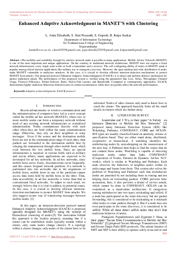 (PDF) Enhanced Adaptive Acknowledgment in MANET’S with Clustering