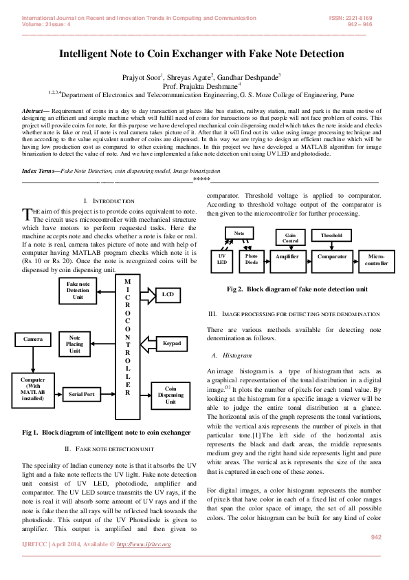 (PDF) Intelligent Note to Coin Exchanger with Fake Note Detection