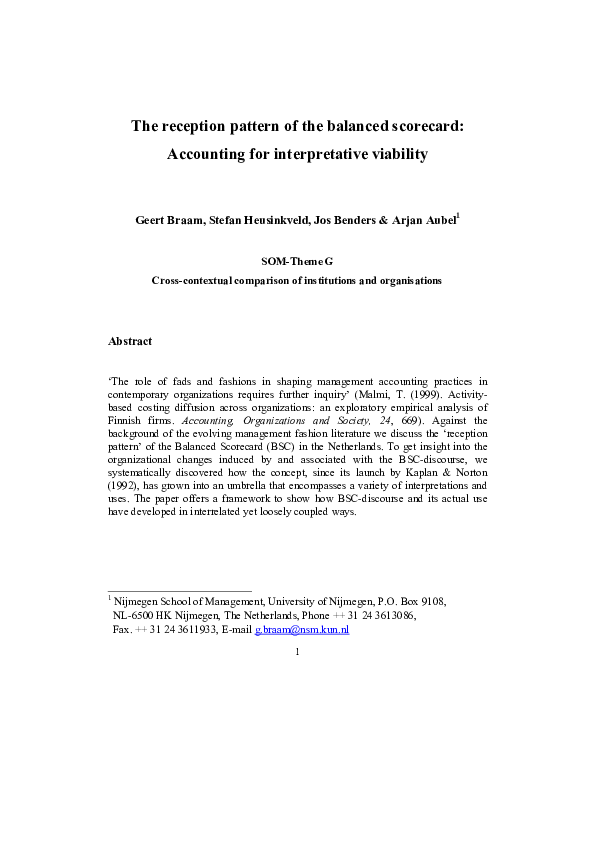 (PDF) The reception pattern of the balanced scorecard: accounting for ...