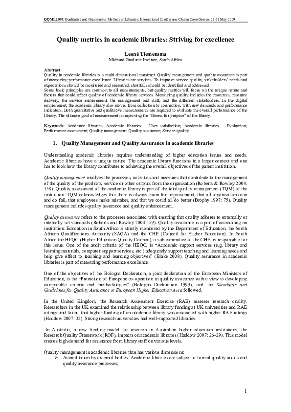 (PDF) Quality metrics in academic libraries: Striving for excellence