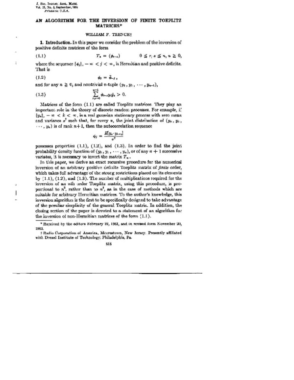 Pdf An Algorithm For The Inversion Of Finite Toeplitz Matrices 7633