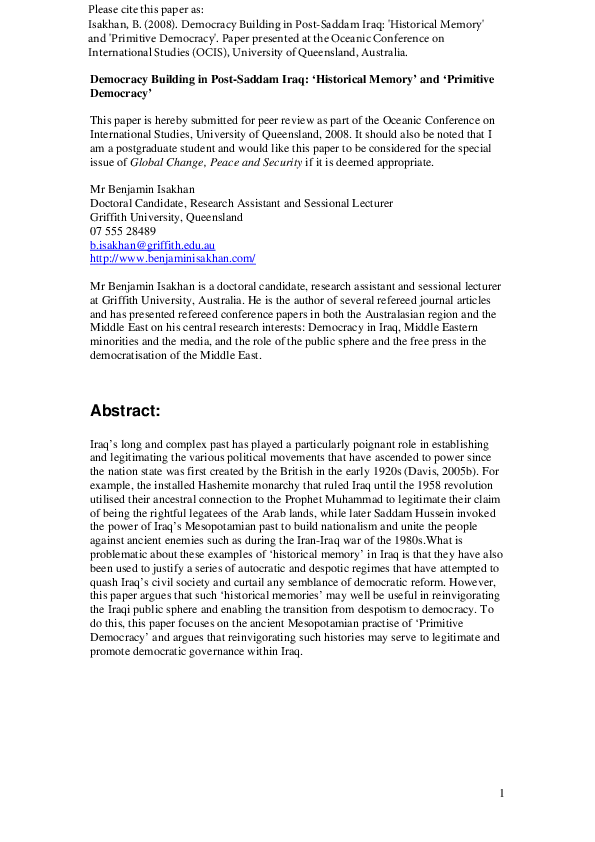 (PDF) Democracy building in post-Saddam Iraq: 'historical memory' and ...